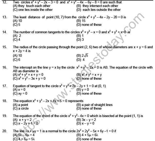 JEE Mathematics Circle and Conic Section MCQs Set B with Answers